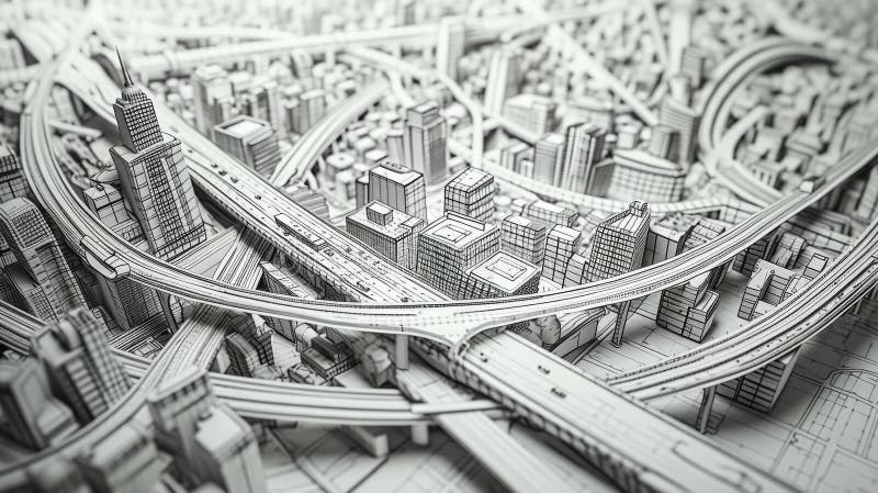 Complex Highway System and Skyscrapers Blueprint Stock Photo - Image of ...