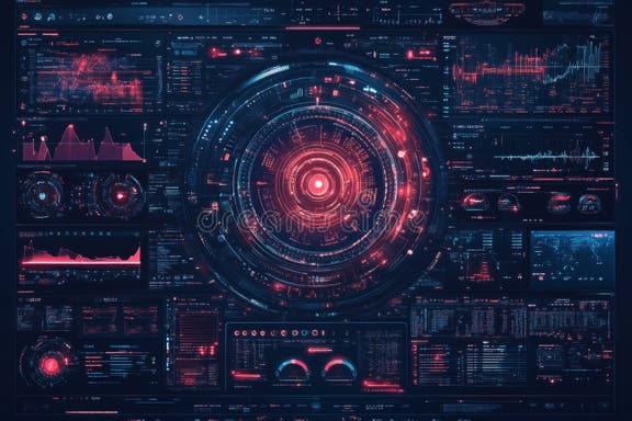 Complex Hud Interface Displaying Various Data Analysis Charts, Graphs, and a Prominent Rotating ...