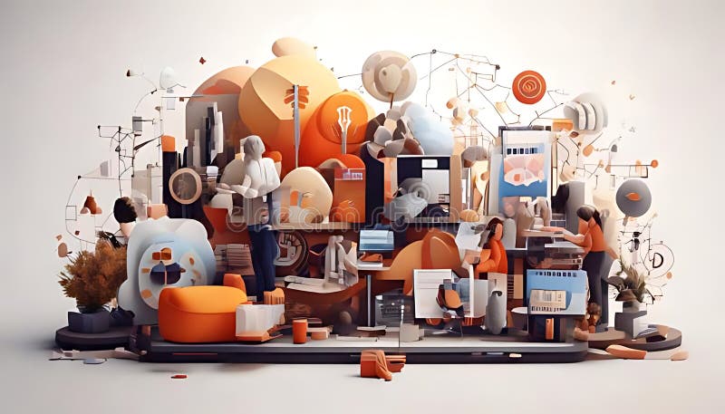 A Complex Illustration Shows People and Objects within a Warm-toned ...