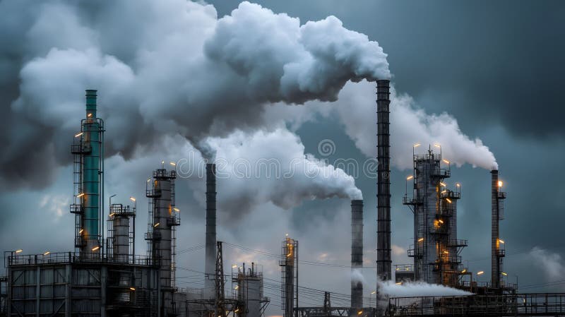 A Complex Industrial Facility with Multiple Tall Smokestacks Releasing ...