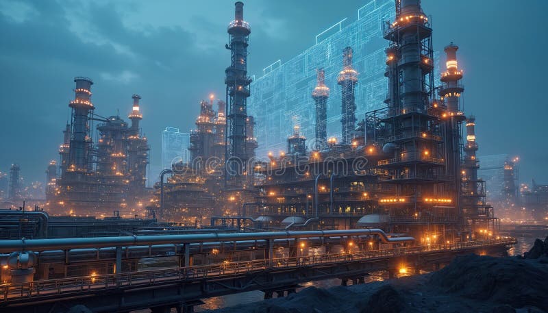 Complex Industrial Facility with Pipes Illuminated at Twilight. Advanced Tech Digital Overlay ...