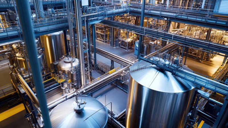 A Complex Industrial Facility with Tanks and Piping for Manufacturing ...