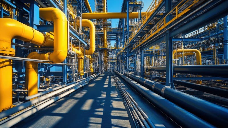 Complex Industrial Pipeline System with Yellow Pipes and Steel ...