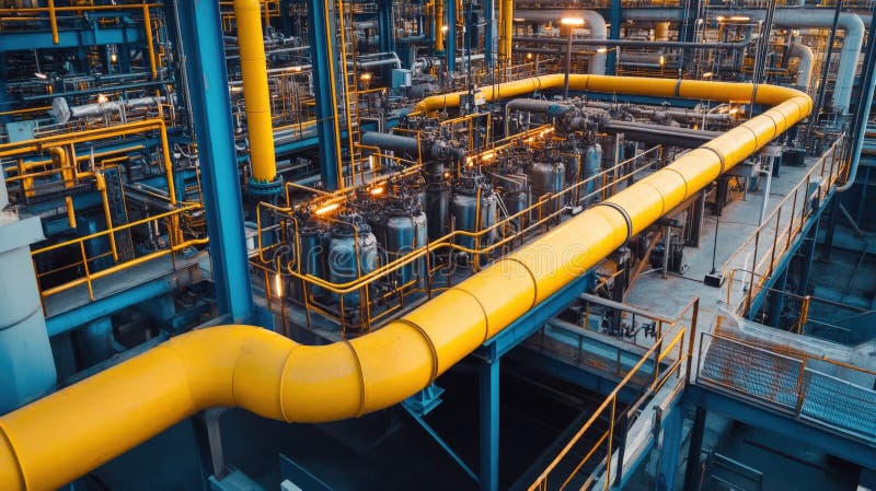Complex Industrial Pipeline System with Yellow Pipes and Steel ...