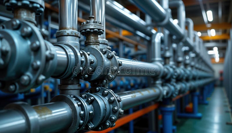 Complex Industrial Piping System with Interconnected Metal Pipes. Tight ...