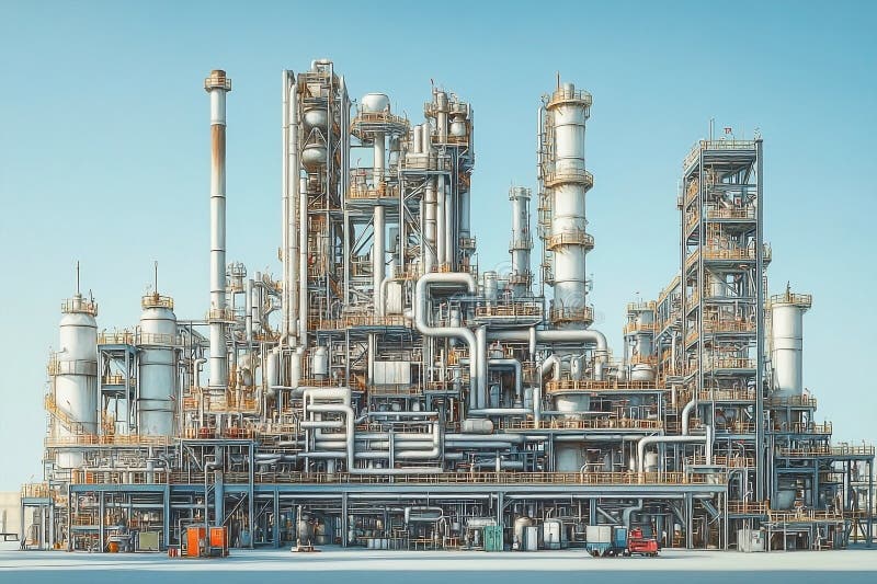 Complex Industrial Processing Plant Under a Clear Sky, Showcasing ...