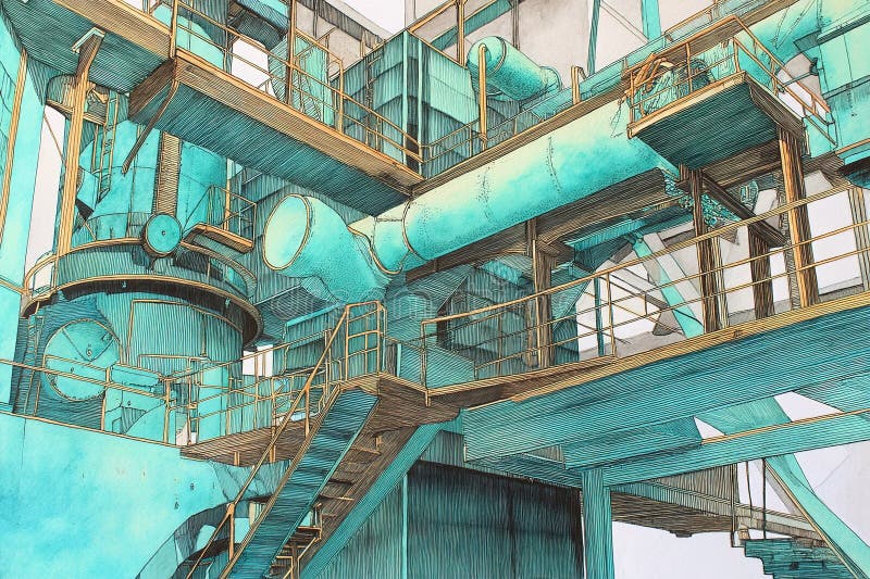 Industrial Structure with Vibrant Blue Pipes and Metal Walkways in an ...