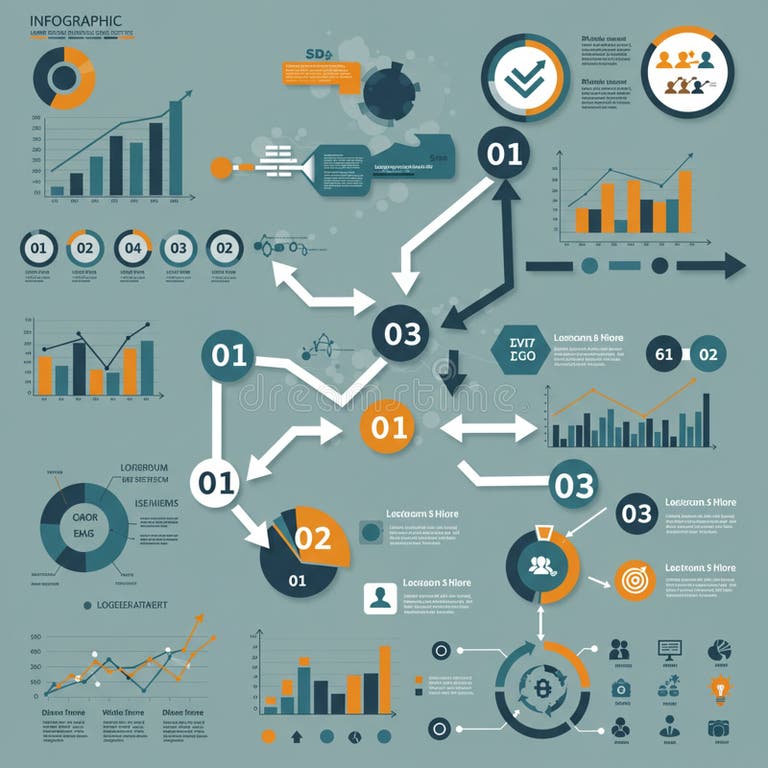 Complex Infographic Featuring a Network of Charts, Graphs, and Diagrams ...