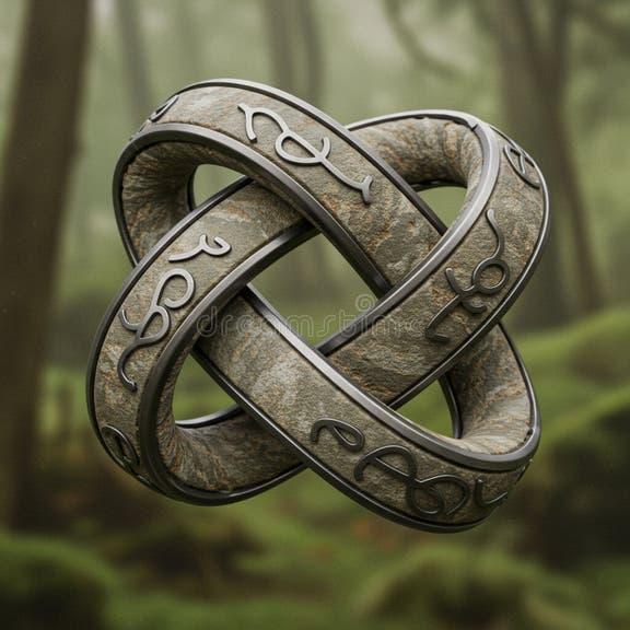 A Complex, Intertwining Torus Shape Made of Stone and Metal Floats in a Blurred Forest ...