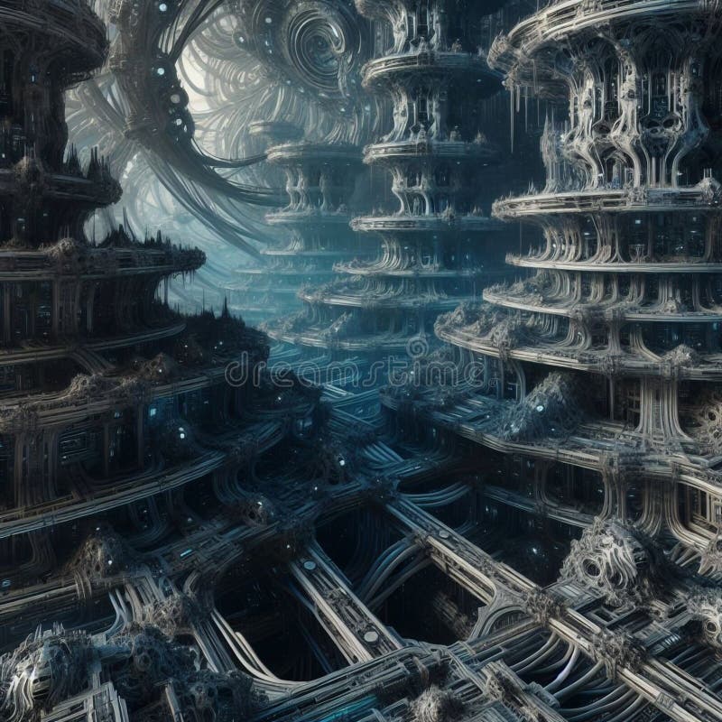 A Complex, Intricate Digital Rendering of a Futuristic Cityscape or ...