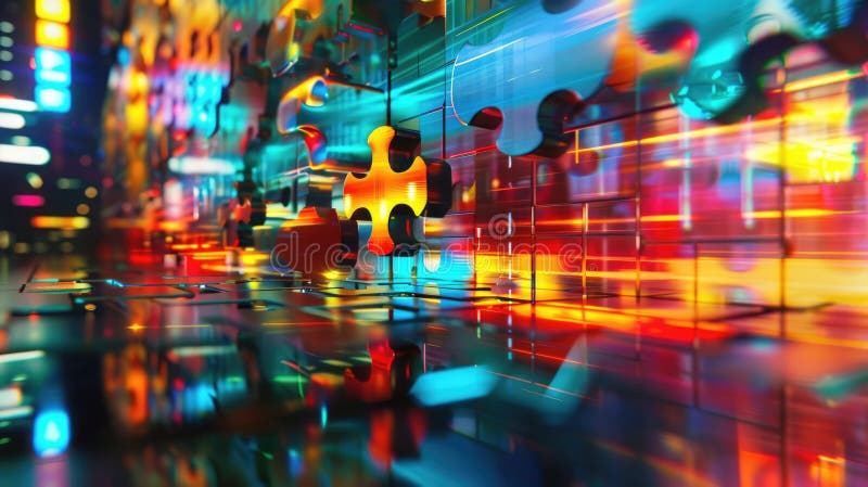 Complex Jigsaw Game Wave in Chaotic Movement Swirling in Colorful Light ...