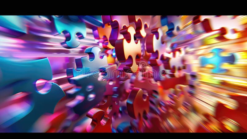 Complex Jigsaw Game Wave in Chaotic Movement Swirling in Colorful Light ...
