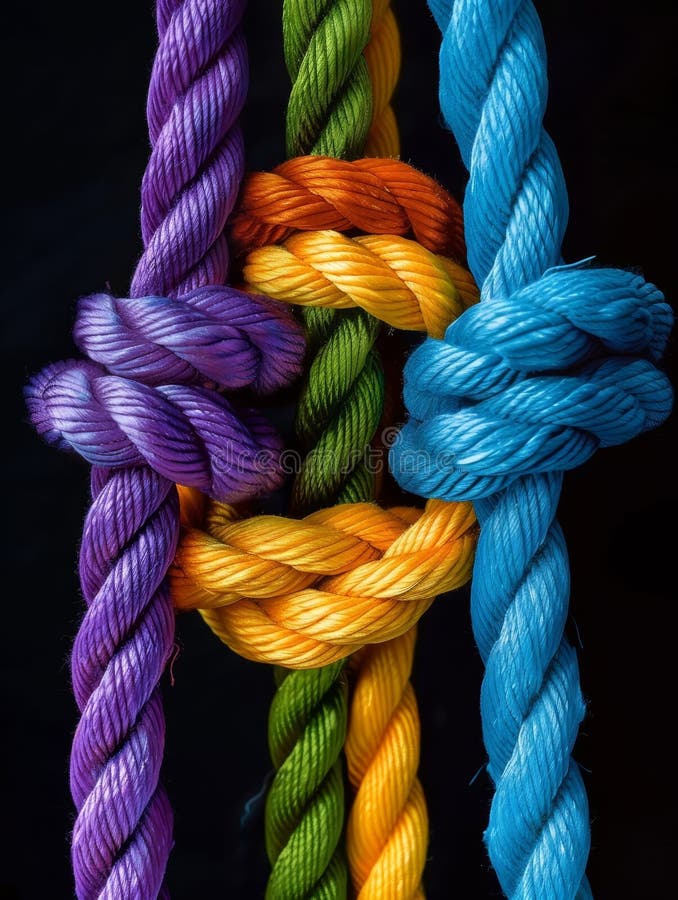 A Complex Knot of Multihued Braided Ropes Stands Out on a Dark ...