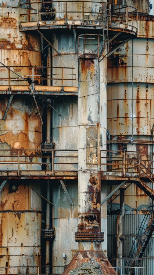 Complex Layers of Rusted Metal and Pipes in an Industrial Relic, with a ...