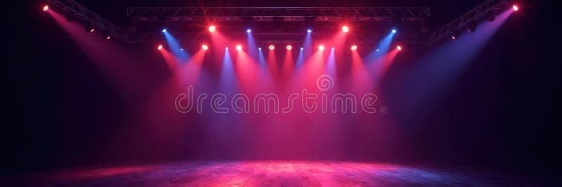 Complex Lighting Grid, Multiple Trusses Above Empty Stage, Cables ...