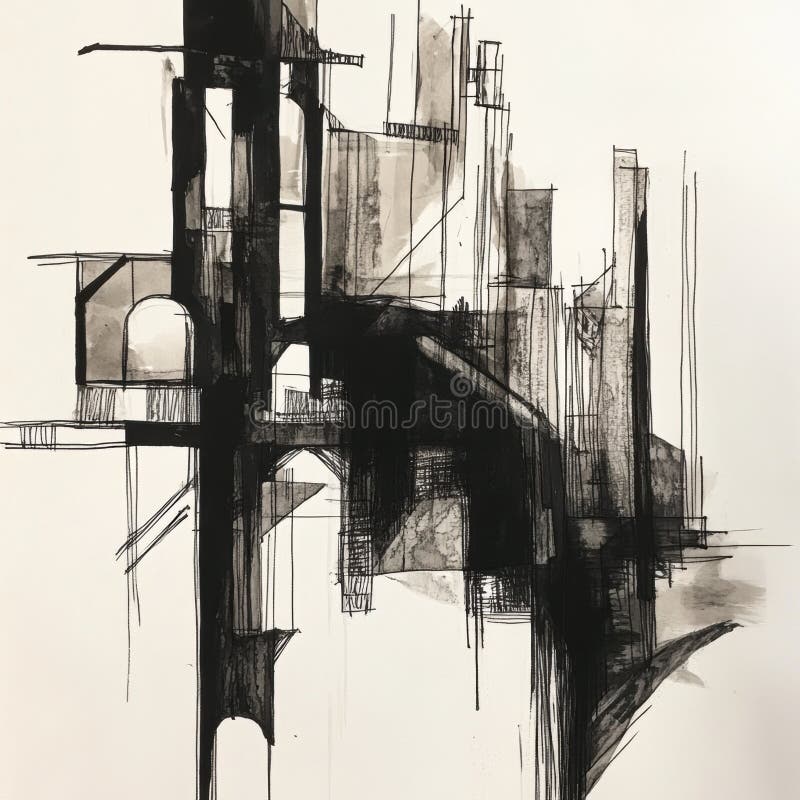 Complex Lines and Architectural Elements Blend in this Black Ink ...