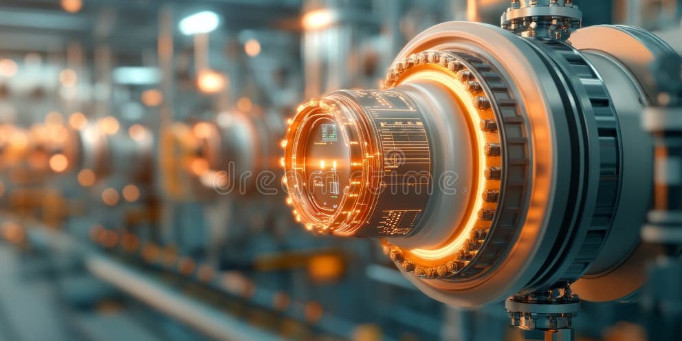 A Complex Machinery Component Glows with Orange Light in a High-tech ...