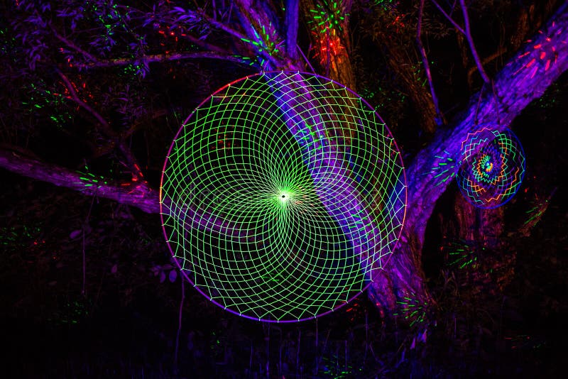 Mandala Meditating Glowing Patterns in the Night Stock Photo - Image of ...