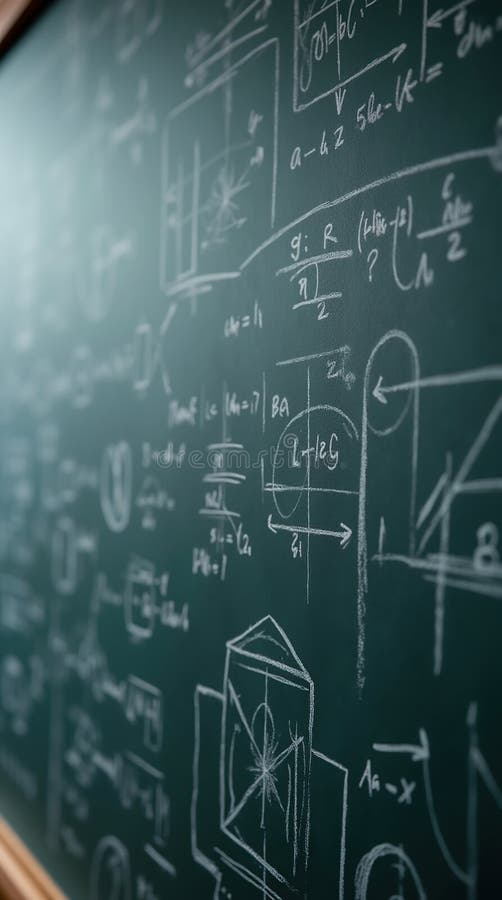 Complex Mathematical Equations and Geometric Diagrams on a Chalkboard ...