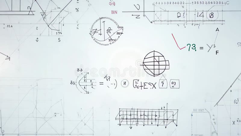 Complex Mathematical Formulas and Geometric Diagrams on Whiteboard ...