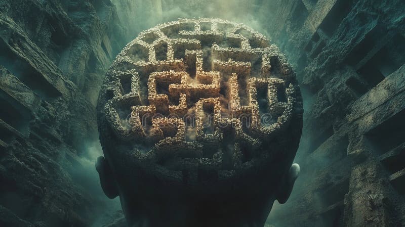 Complex Maze Structure within a Human Mind in a Surreal, Dark ...