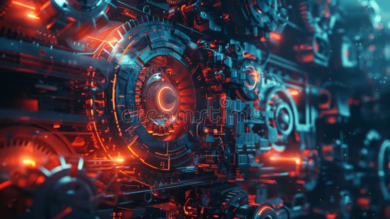 Complex Mechanical System with Red and Blue Glowing Gears and Technical ...