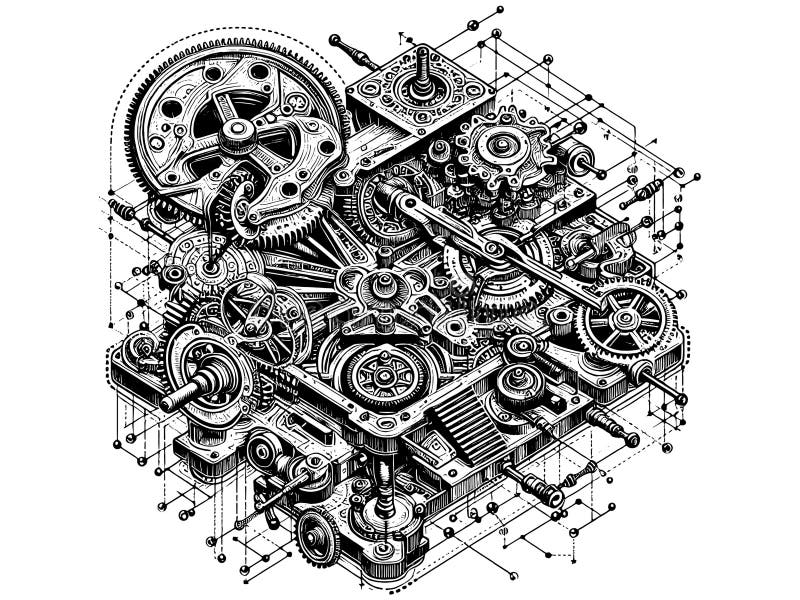 Complex Mechanism in a Cube. Sketch Board Imitation. Vector, Generative ...