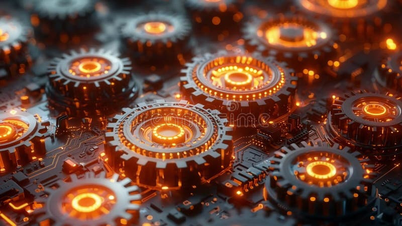 Complex Mechanism with Gears Interlocking and Glowing in Red and Blue ...