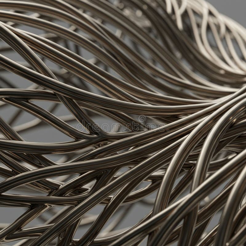 A Complex Mesh of Interwoven Metallic Wires Appears in a Close-up View ...