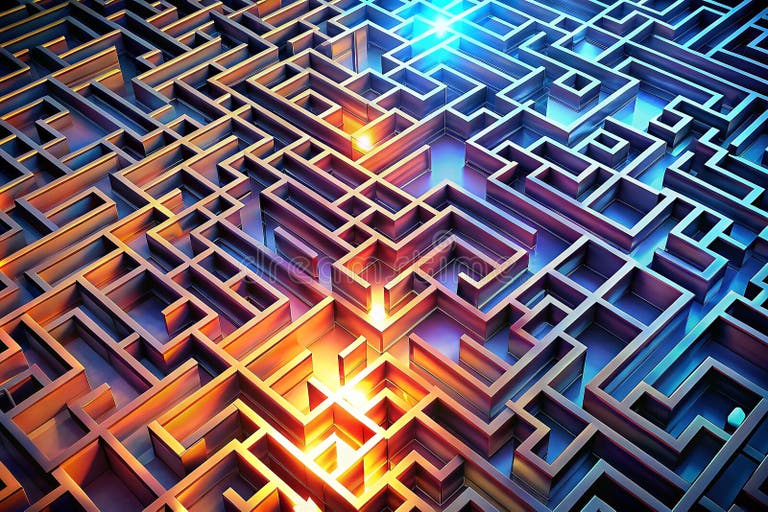Complex Metal Maze with Illuminating Paths Stock Illustration ...
