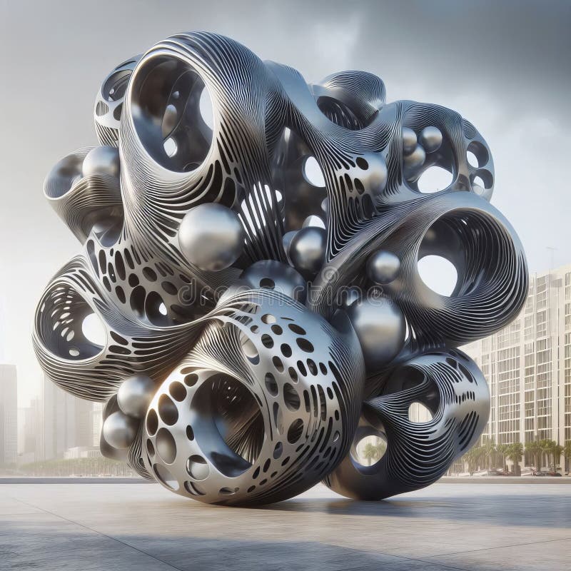 Complex Metallic Art Installation in Futuristic Urban Square Stock ...