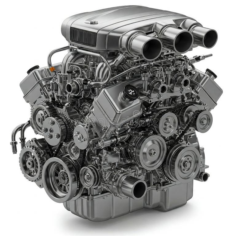 Complex Metallic Car Engine with Multiple Cylinders and Components ...