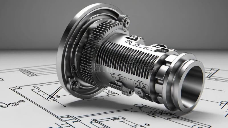 Detailed Metallic Part Rotating Slowly on Blueprint in Slow Motion ...