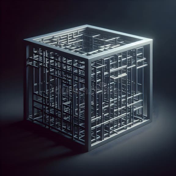 Complex Metallic Cube Structure Forming a Labyrinth on a Dark Background Stock Illustration ...