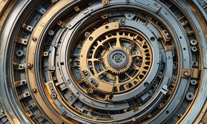 Complex Metallic Structure with Interlocking Gears and Metallic Rings, Creating Visually ...