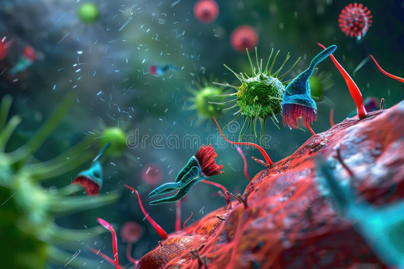 Complex Microscopic Microorganisms Attacking the Red Bacteria on an ...