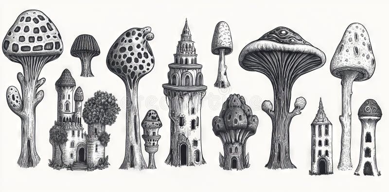 Complex Monochrome Illustrations Featuring Fantastical Buildings and ...