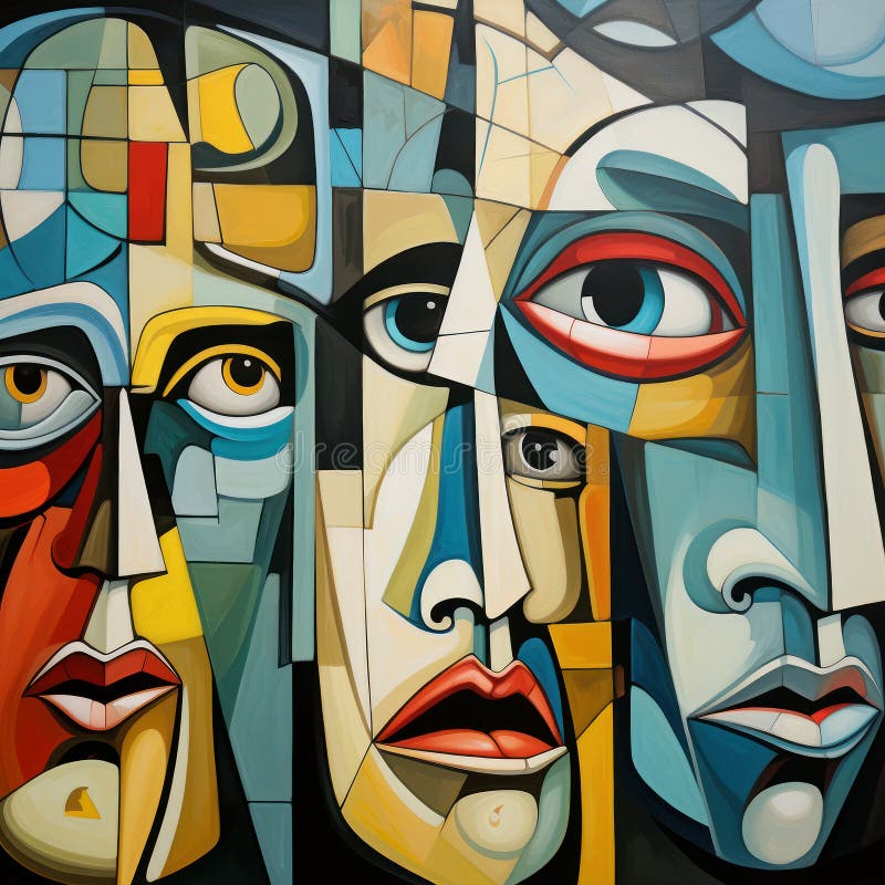A Complex Mosaic of Cubist Faces Painted with a Vibrant, Eye-catching ...
