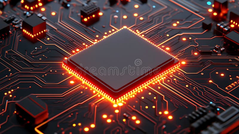 Complex Motherboard with Central Processor Unit and Vibrant Orange Glow ...