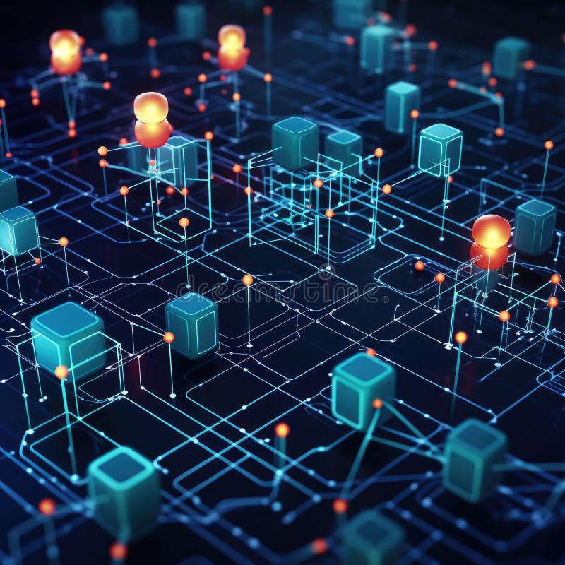 Complex Network of Blue Lights and Wires, with Various Nodes and ...