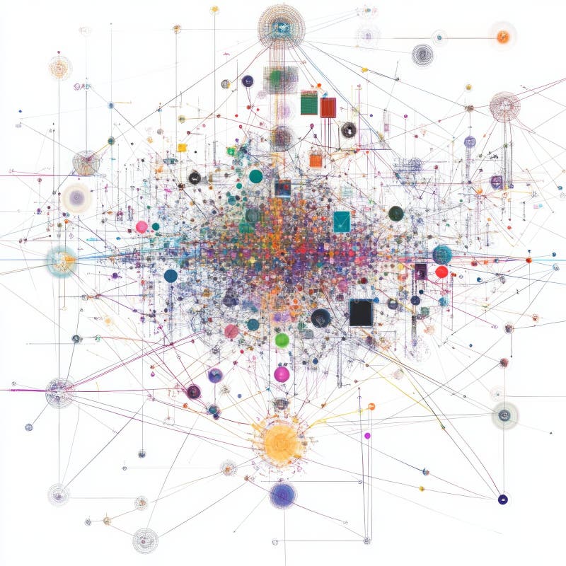 Complex Network of Colorful Geometric Shapes Linked in Abstract Pattern ...