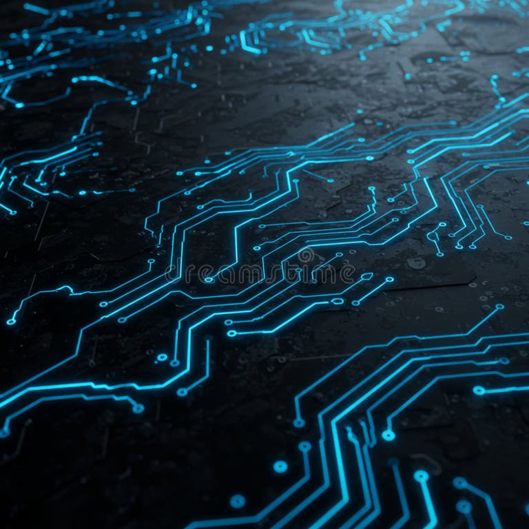 Complex Network of Glowing Blue Circuitry Patterns on a Dark, Textured ...