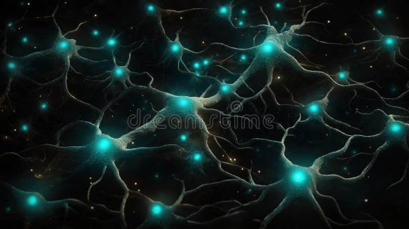 Complex Network of Glowing Turquoise Neurons. Illustrates Tech Neuro ...