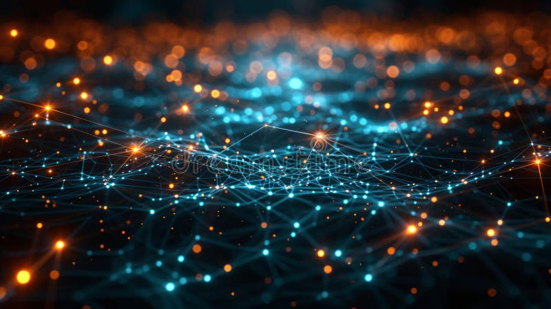 Complex Network of Interconnected Lines and Dots, Glowing in Blue and ...