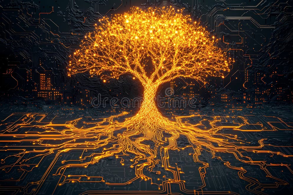 Glowing Digital Tree Growing from Circuit Board Representing Artificial ...