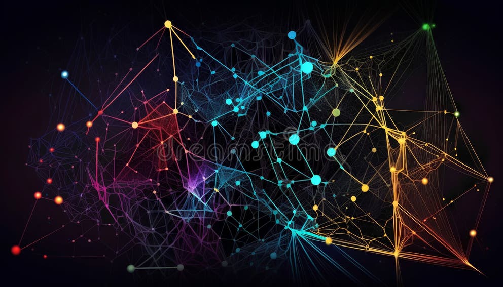 Complex Network of Interconnected Neon Color Nodes and Lines ...