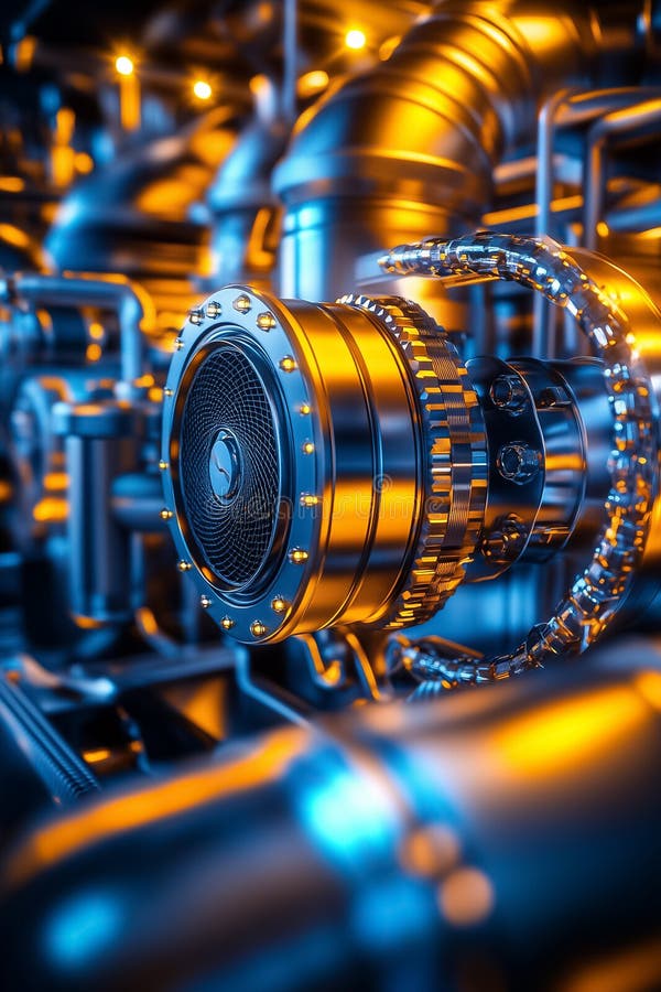 Complex Network of Metallic Pipes and Gears, Glowing Softly, Revealing ...