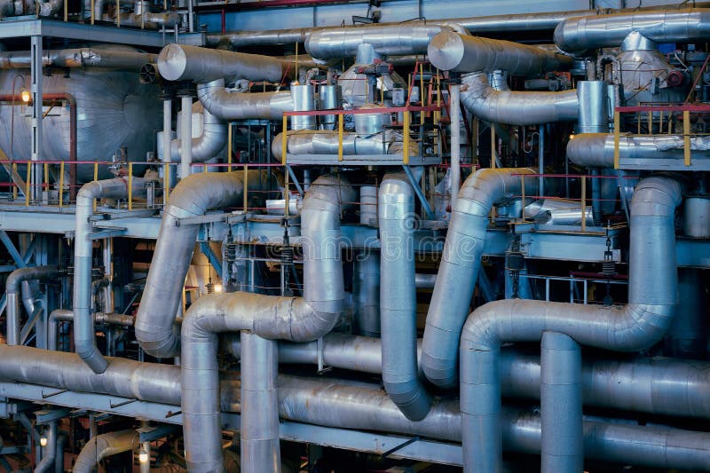 Complex Network of Metallic Pipes in an Industrial Facility Showcasing ...