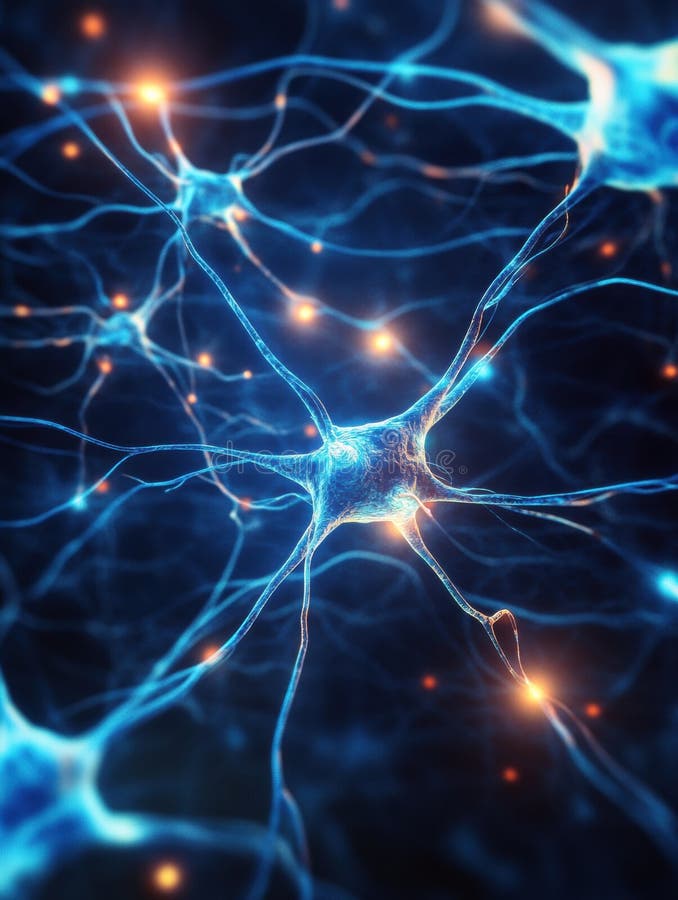 Complex Network of Neurons Illuminated in Blue and Orange Against Dark ...