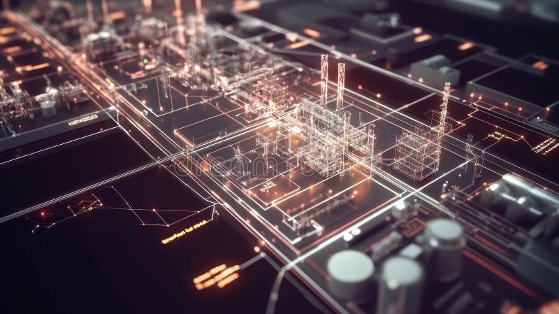 Futuristic Refinery Plant Connecting with Digital Lines and Orange ...